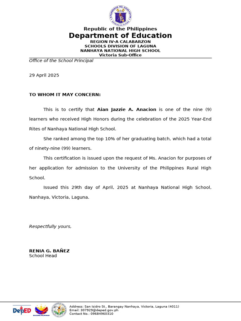 Certification For Aian Jazzie Anacion | PDF