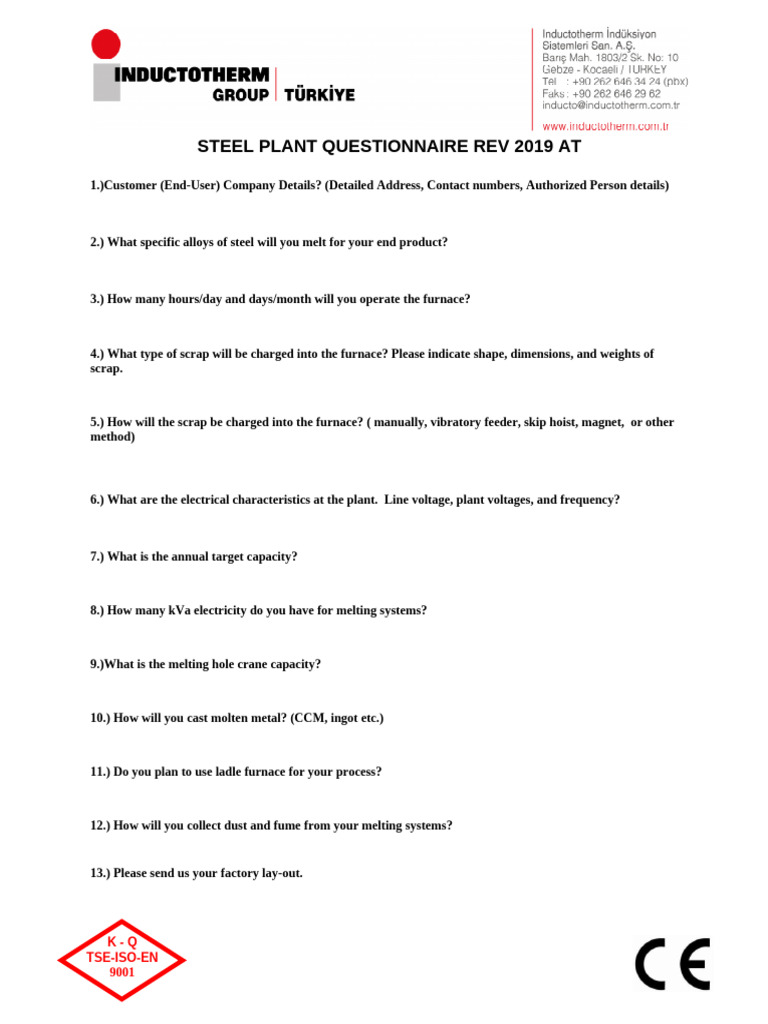 Inductotherm Steel Plant Questionaire Rev - 2019 | PDF
