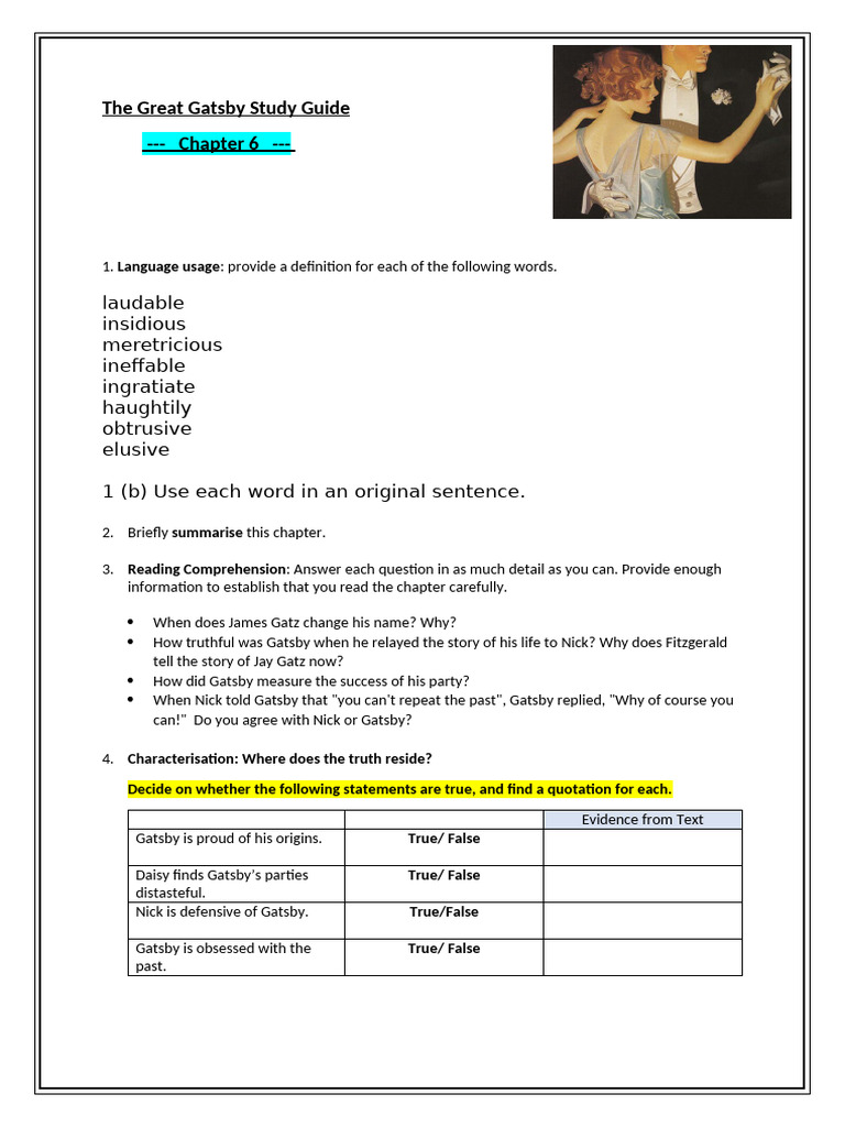 The Great Gatsby Chapter 6 Study Guide | PDF