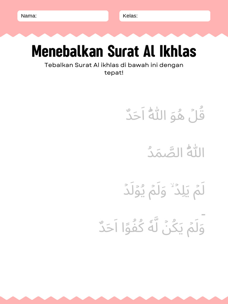Lembar Kerja Menebalkan Surah Al-Ikhlas | PDF