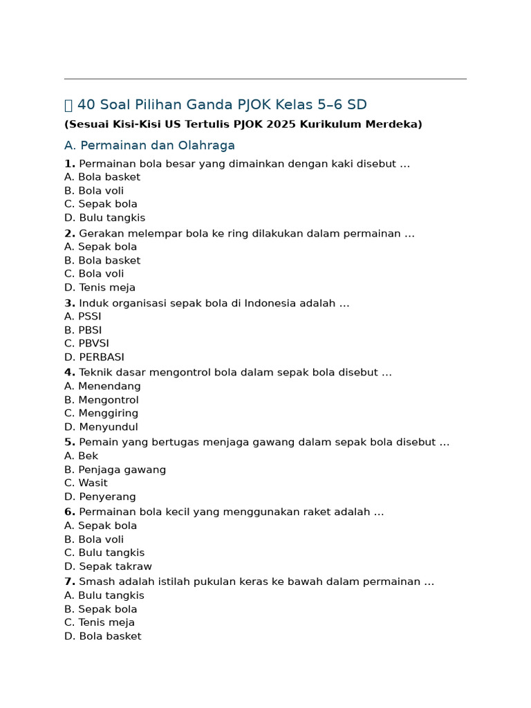 Soal PJOK Kelas 5-6 SD 2025 | PDF