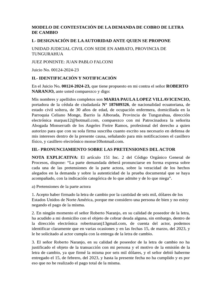 Contestación a Demanda de Cobro Letra Cambio | PDF | Pagaré | Demanda ...