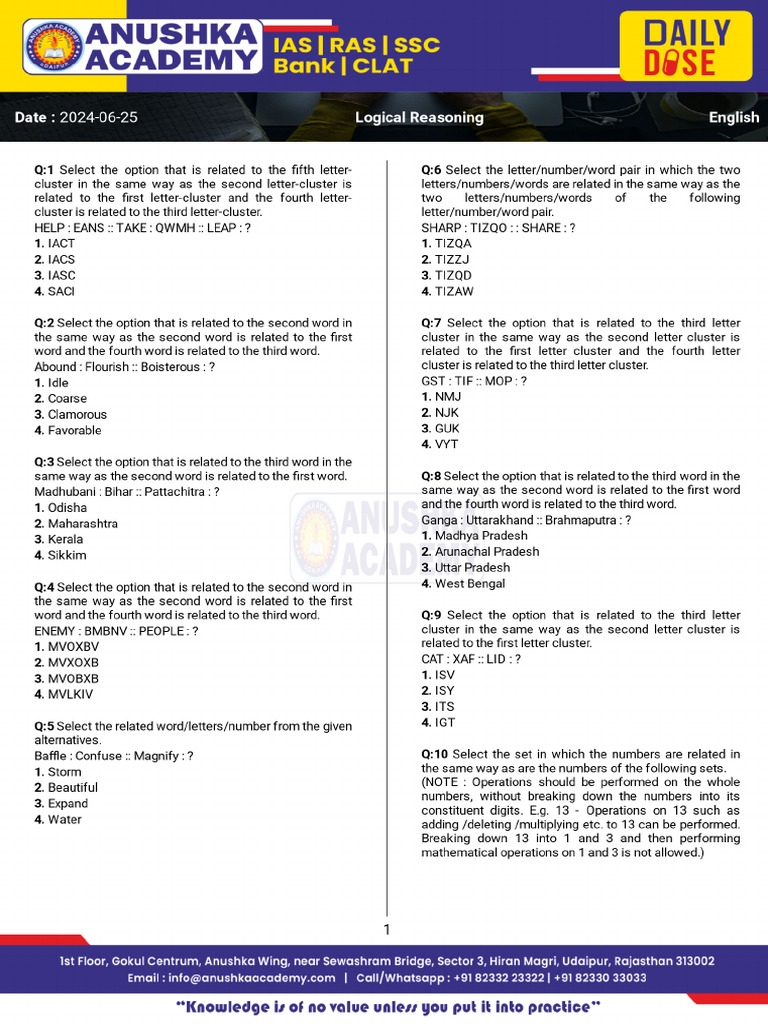 Logical Reasoning English 2024-06-25 Anushkaacademy | PDF