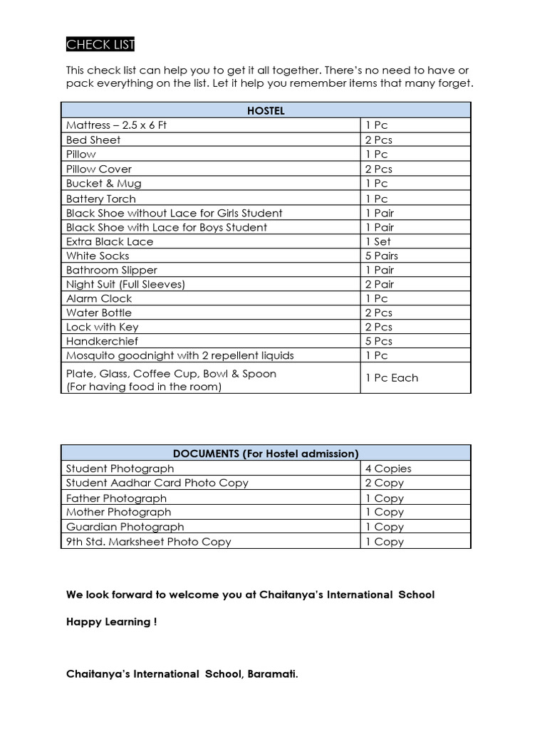 Check List For Hostel | PDF
