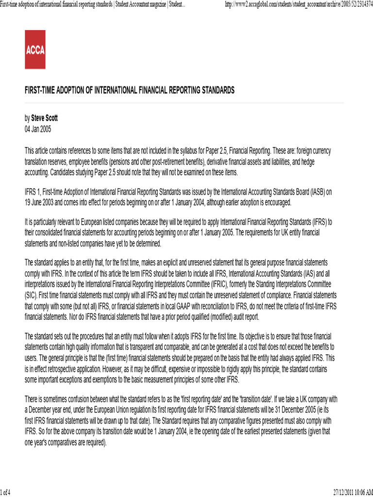 ACCA - First-Time Adoption of International Financial Reporting Standards | PDF | International ...
