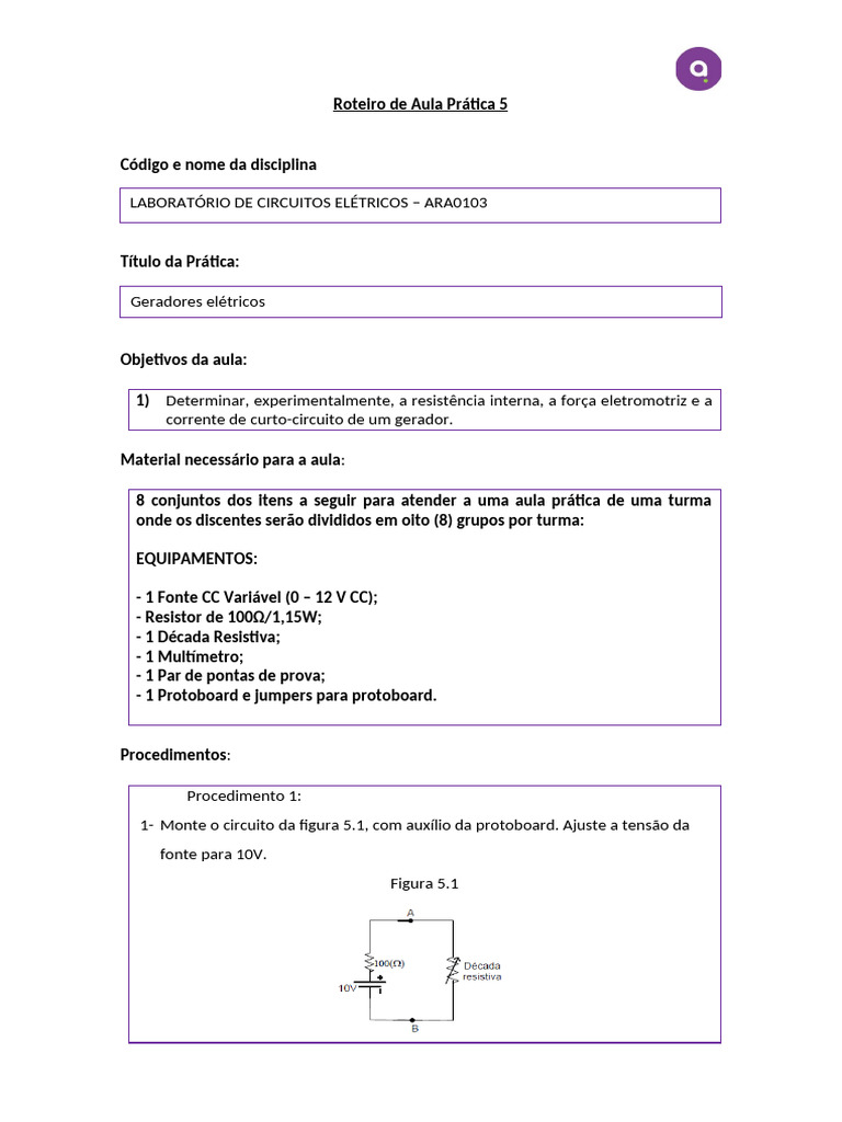 Roteiro de Aula Pratica 5 - Lab Circuitos Eletricos ARA0103 | PDF | Rede elétrica | Resistor