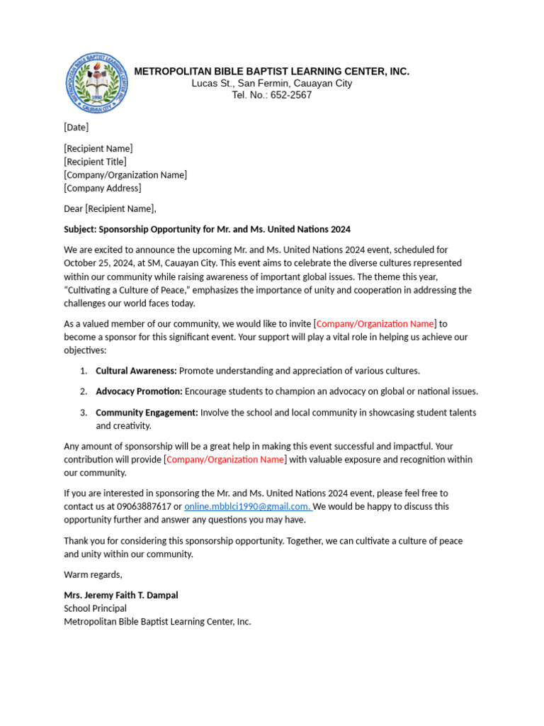 (SCHL) Letter of Sponsorship - PAGEANT | PDF