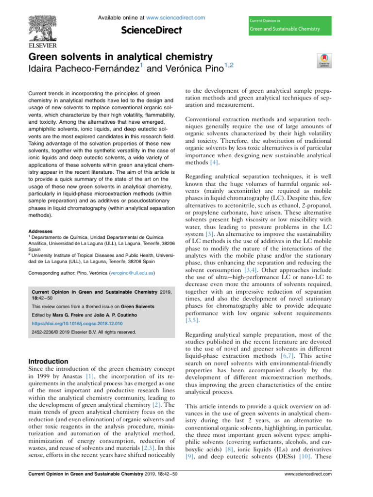 Green Solvents in Analytical Chemistry | PDF | Solvent | Surfactant