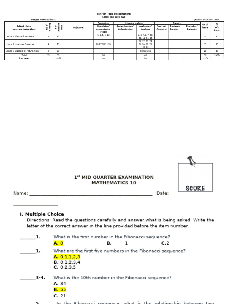Mathematics 10 First Quarter Exam 2024-2025 | PDF | Mathematical ...