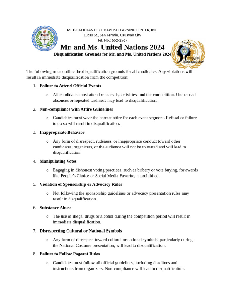 Disqualification Rules for Mr. & Ms. UN 2024 | PDF