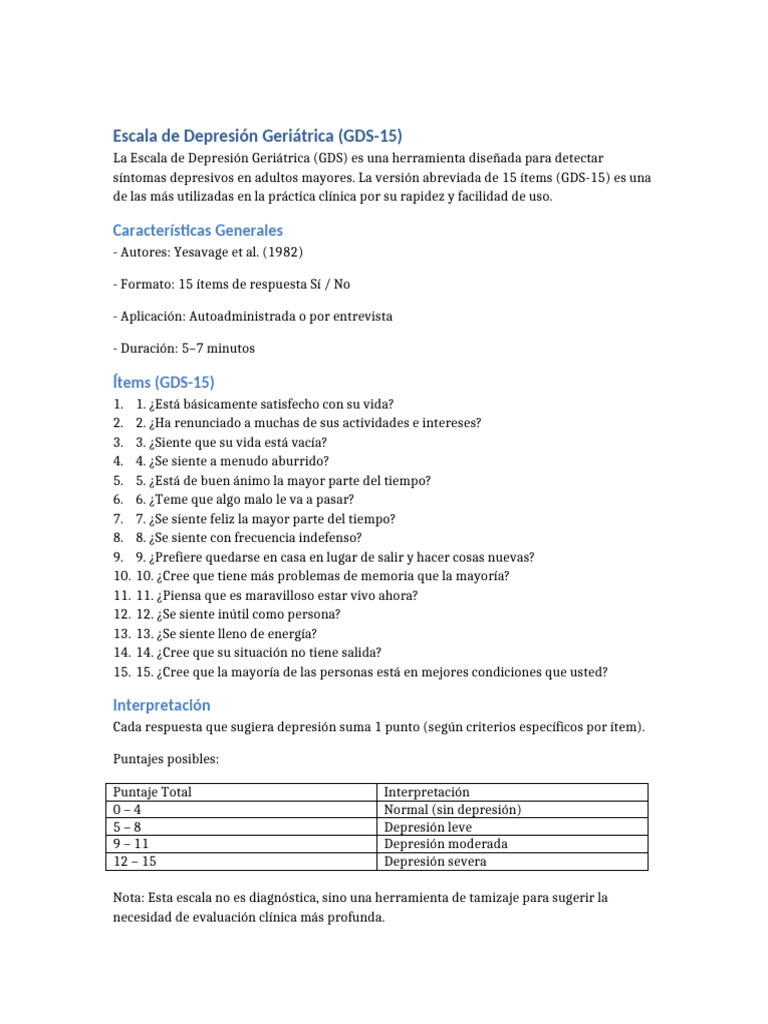 Escala Depresion Geriatrica GDS15 | PDF