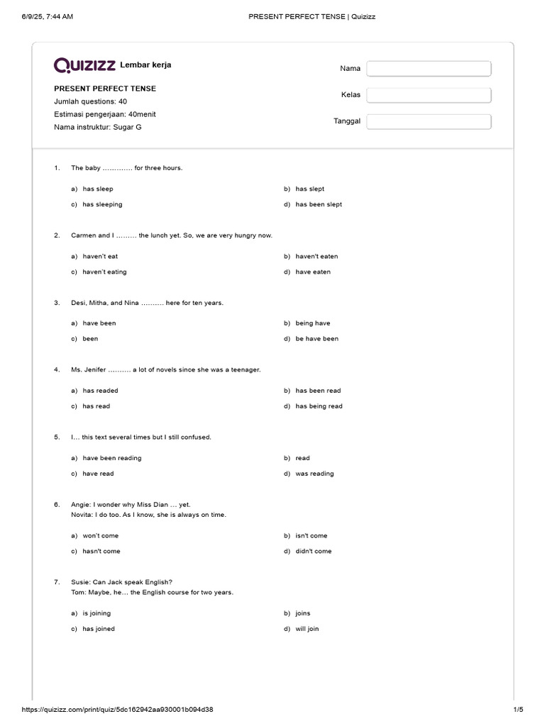 Present Perfect Tense Quiz | PDF