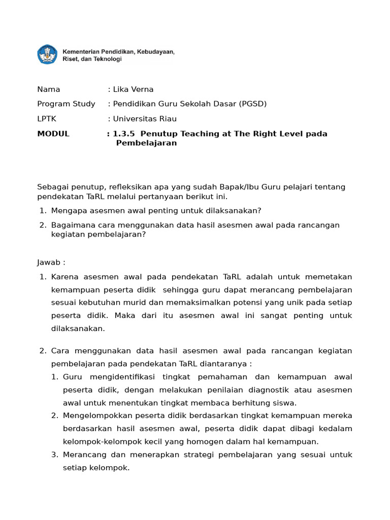MODUL 1.3.5 Penutup Teaching at The Right Level Pada Pembelajaran (Lika ...