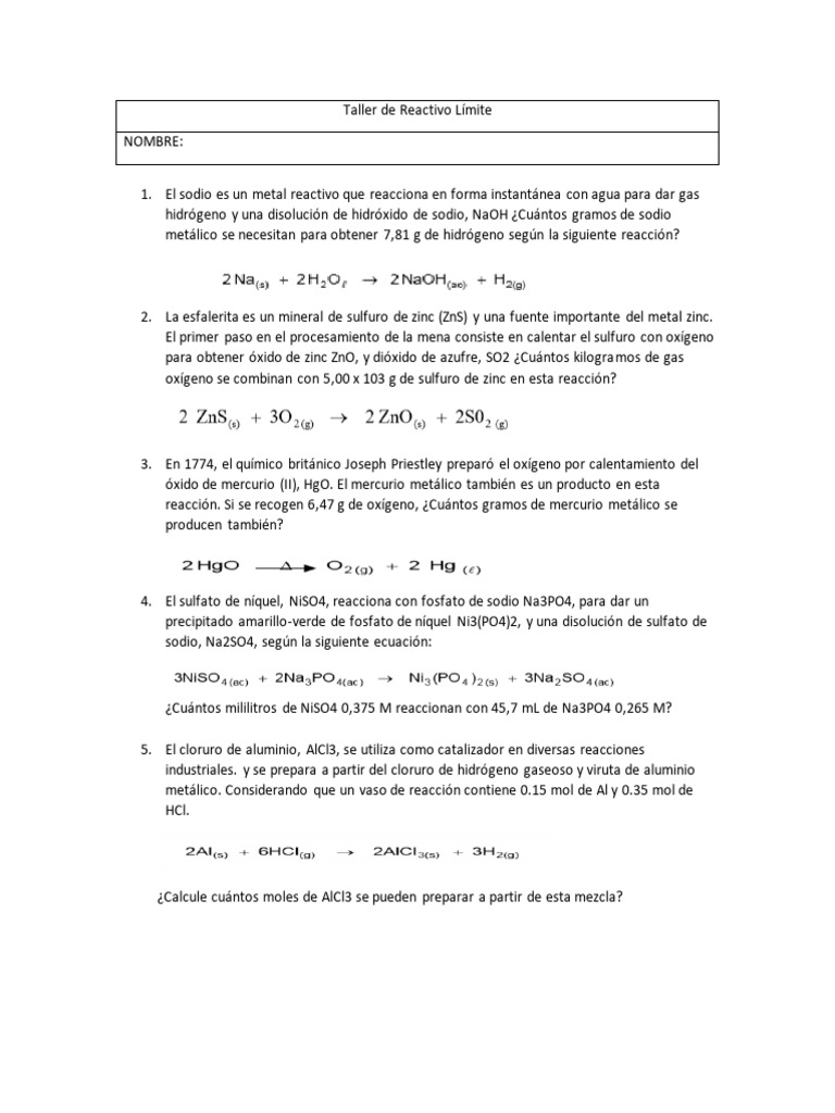 Taller de Reactivo Límite | PDF