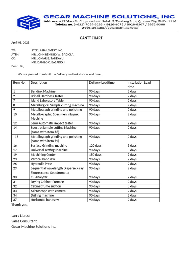 Delivery and Installation Timeline for Machinery | PDF | Applied And ...