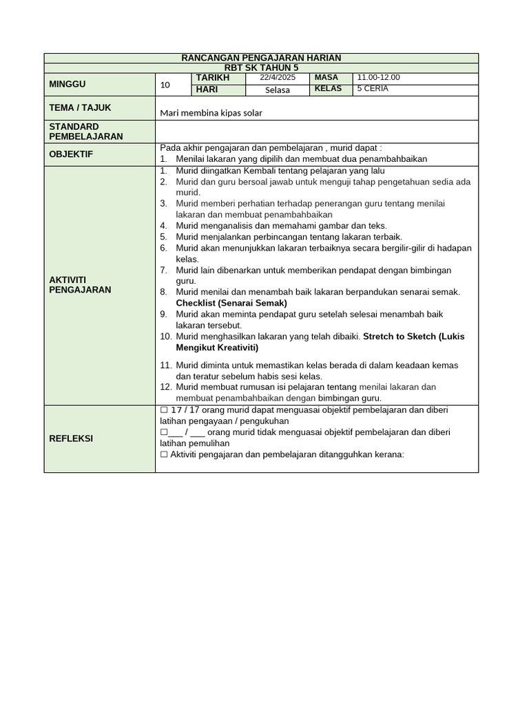RBT: Kipas Solar Tahun 5 | PDF