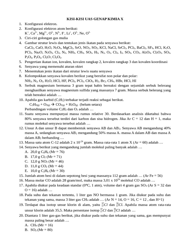 Kisi-Kisi Uas Genap Kimia X | PDF