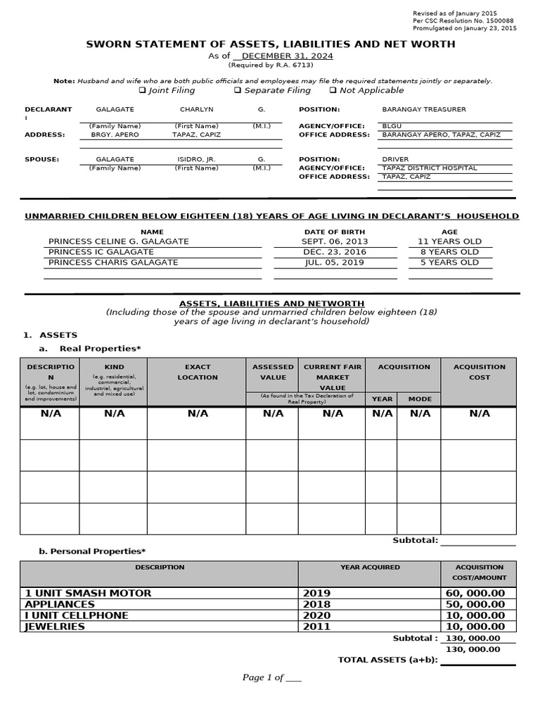 Statement of Assets and Liabilities SALN Form Revised January 2015 | PDF