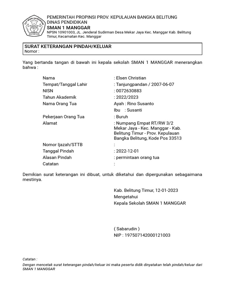 Surat Keterangan Mutasi Dapodik | PDF