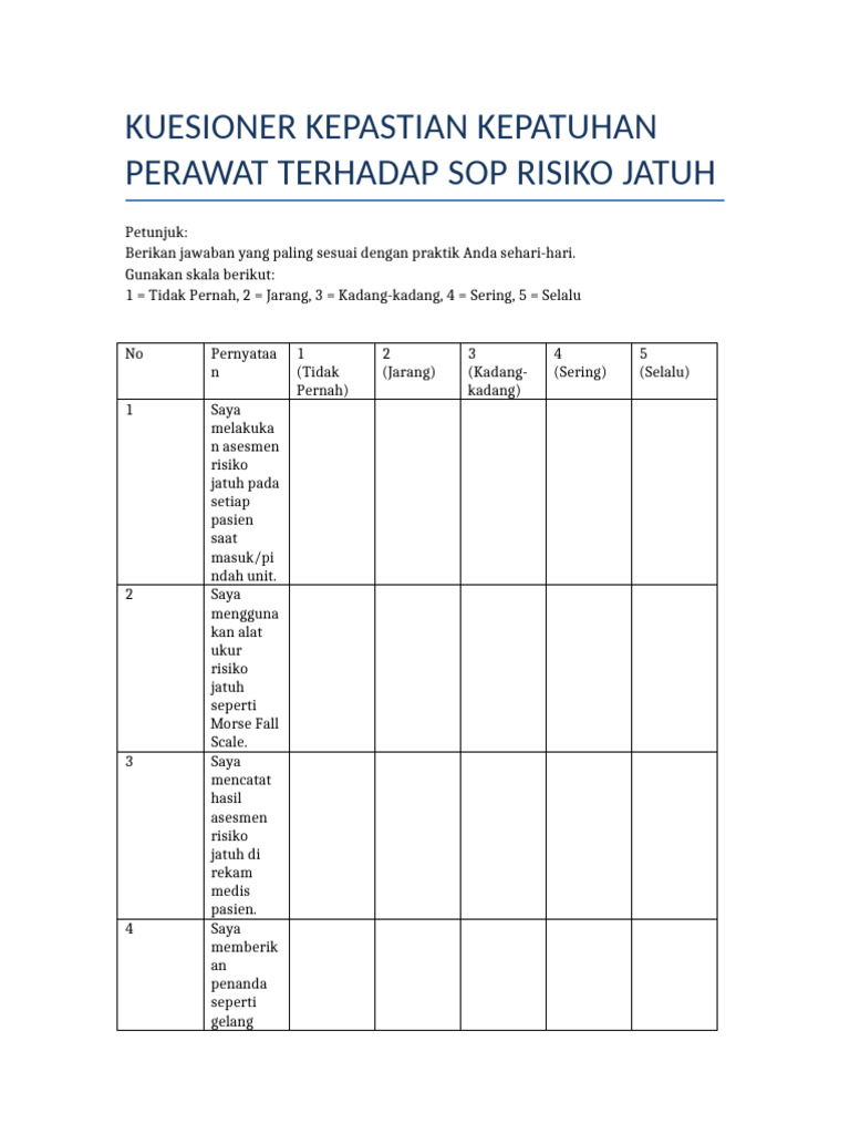 Kuesioner 10 Pertanyaan Tabel SOP Risiko Jatuh | PDF