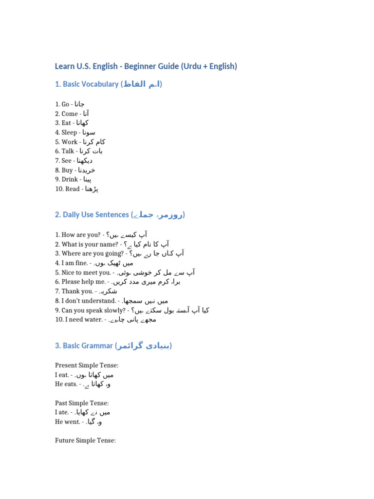 US English Learning Urdu Guide | PDF
