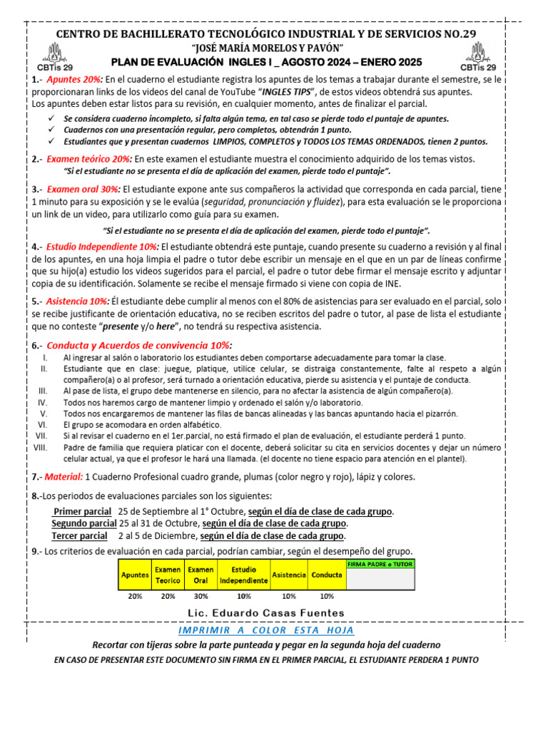 00 - Plan de Evaluacion Ingles I - 22 de Agosto 2024 | PDF