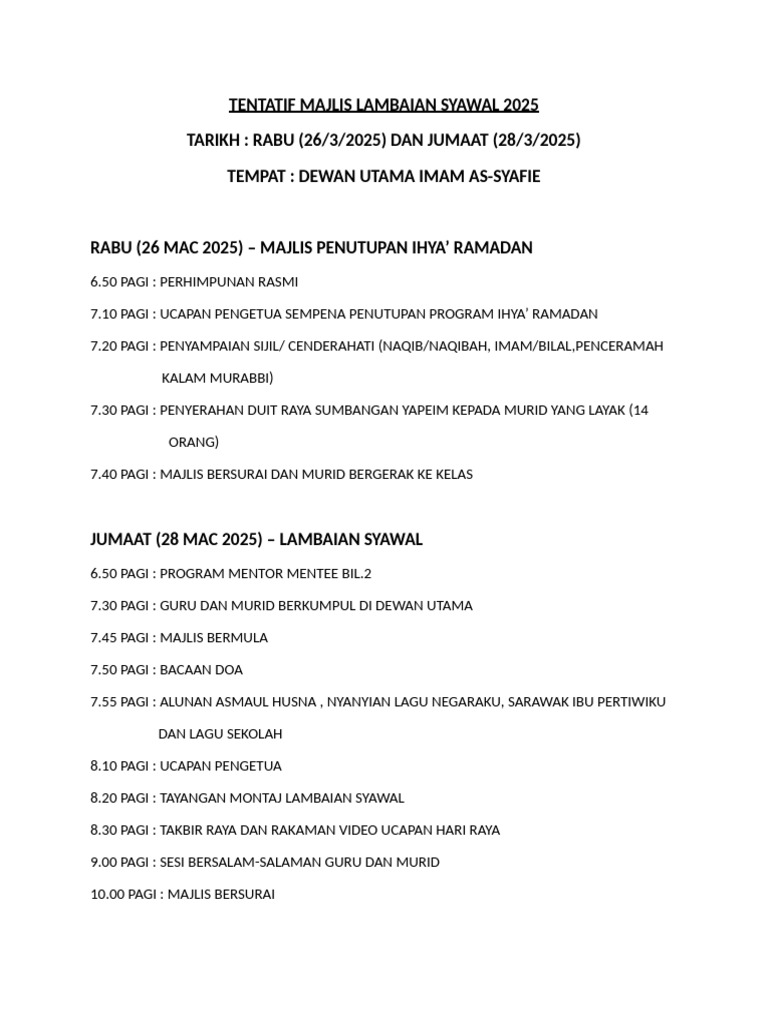 Tentatif Majlis Lambaian Syawal | PDF