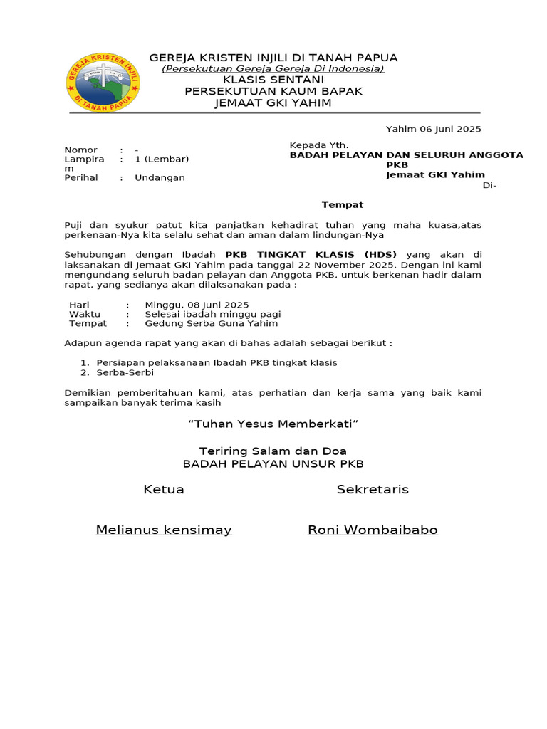 Undangan Rapat Persiapan Ibadah PKB Tingkat Klasis | PDF