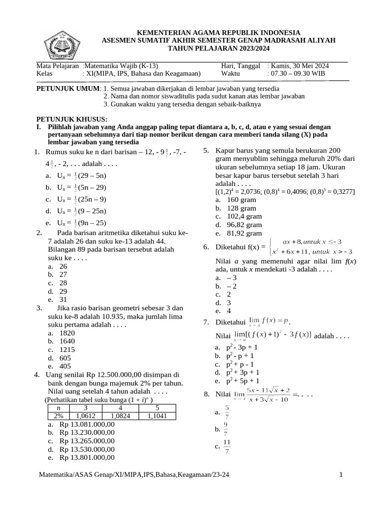 Soal Xi Matematika Wajib Asas Genap 2023-2024 | PDF