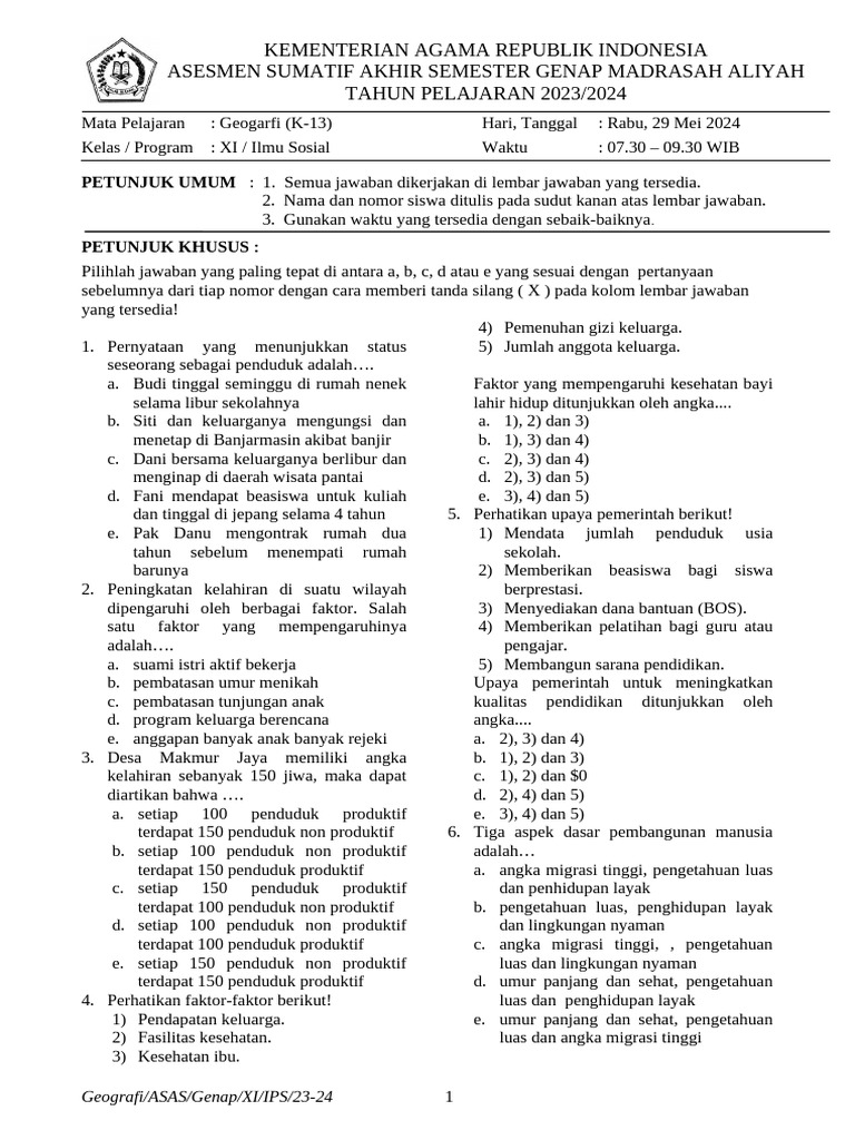 Soal Xi Geografi Asas Genap 2023-2024 | PDF