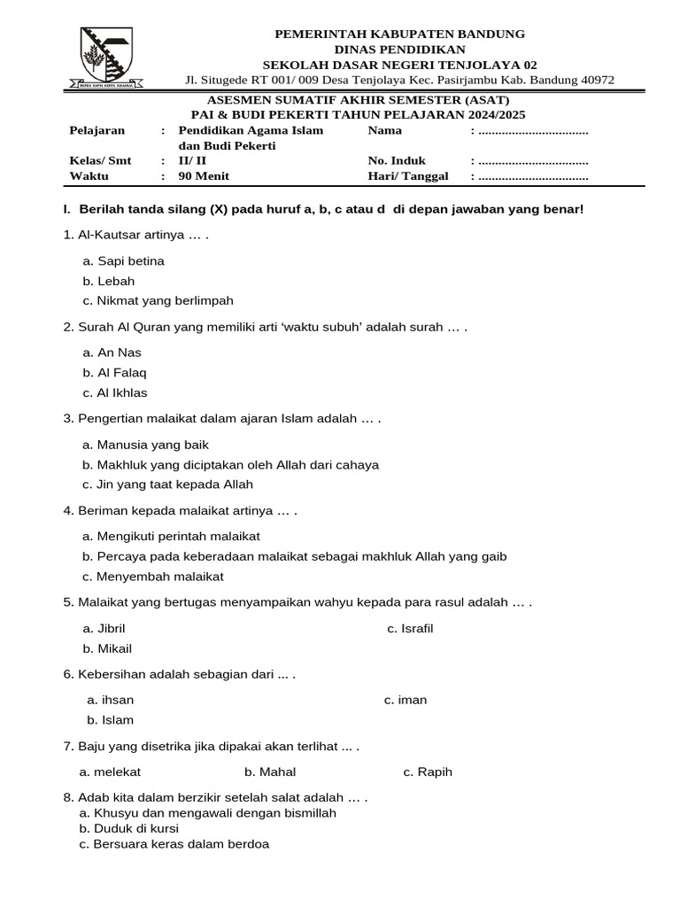 Soal Asat Dan Kisi Kls 2 SMT 2 2024-2025 Kurmer Fiks | PDF