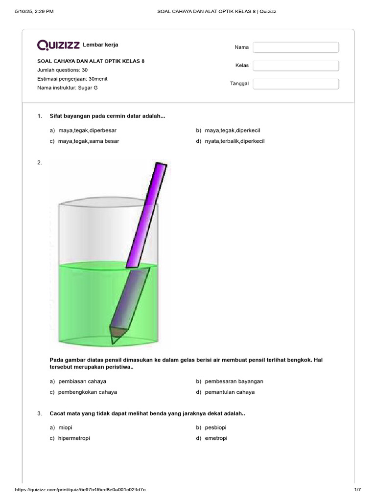 Soal Cahaya Dan Alat Optik Kelas 8 - Quizizz | PDF