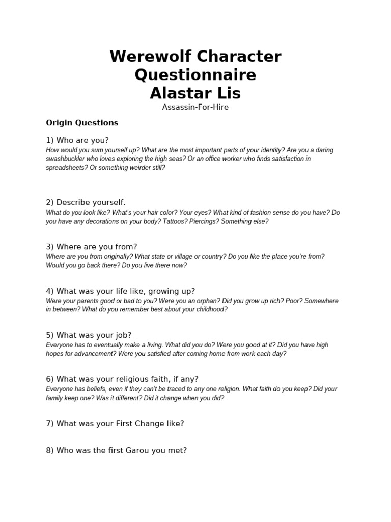 Werewolf Character Development Questionnaire | PDF | Social Psychology