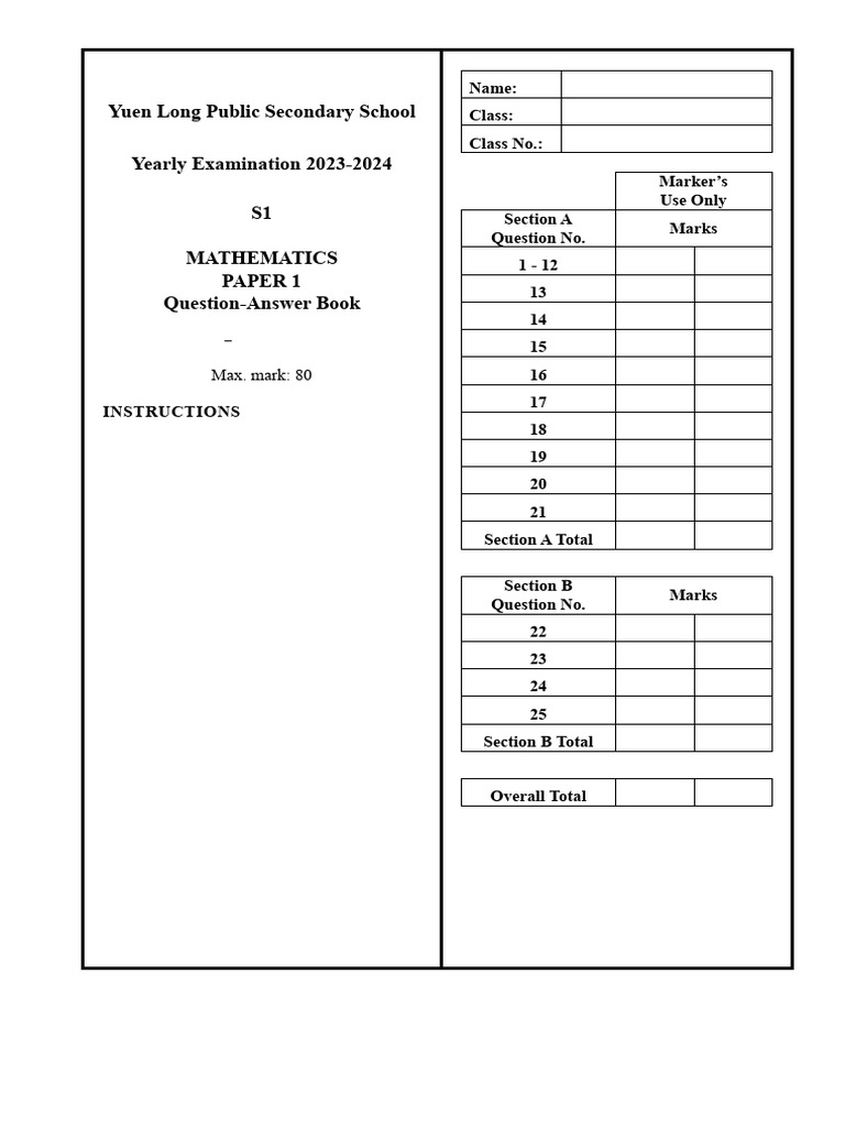 S1 YE Math I 2023-24 (Question) (LCL) | PDF | Area | Numbers
