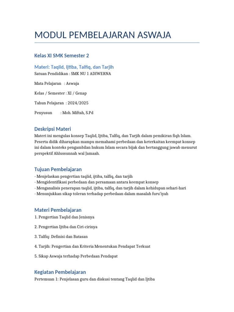 Modul Dan LKS Aswaja Kelas 11 Taqlid Ijtiba Talfiq Tarjih | PDF