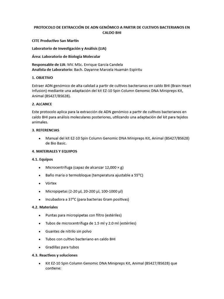 Protocolo de Extracción de Adn Genómico A Partir de Cultivos Bacterianos en Caldo Bhi | PDF ...