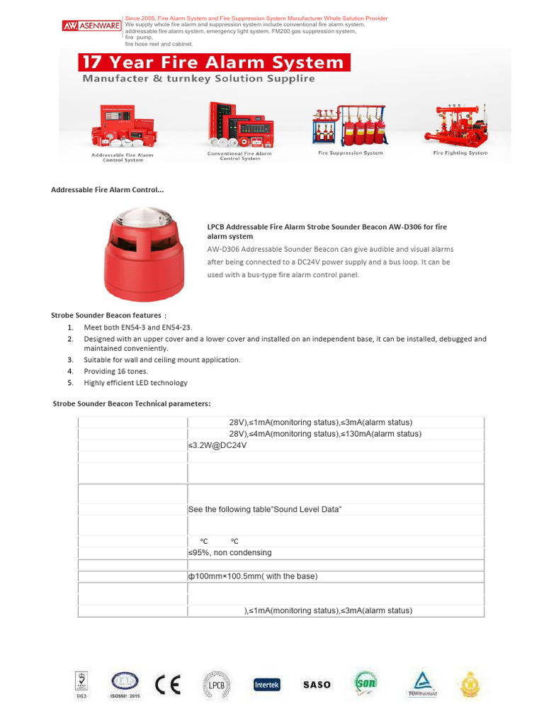 LPCB Addressable Fire Alarm Strobe Sounder Beacon AW-D306 For Fire ...