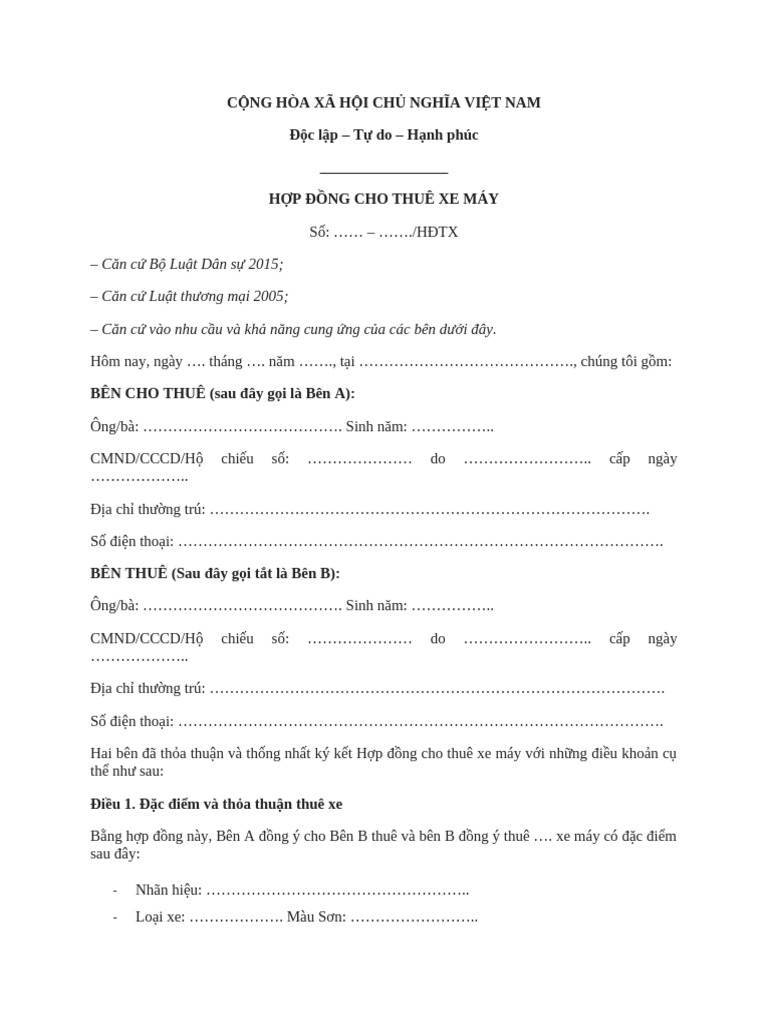 Mau Hop Dong Cho Thue Xe May | PDF