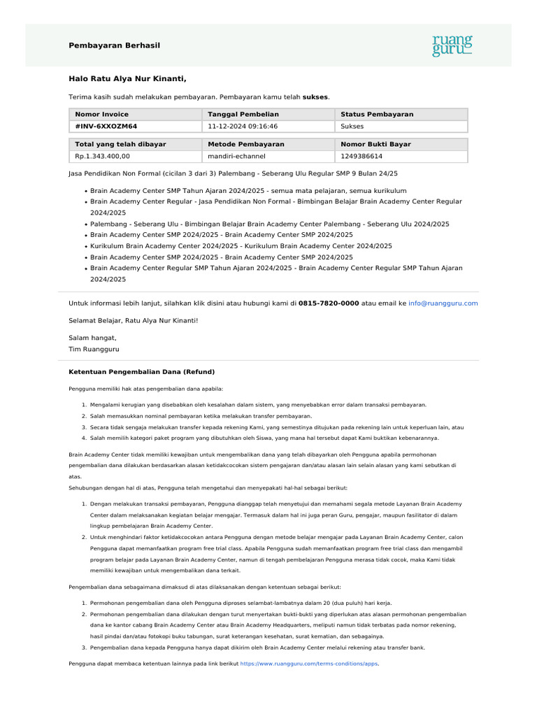 Receipt v2 Ruangguru INV-6XXOZM64 1733912462 | PDF