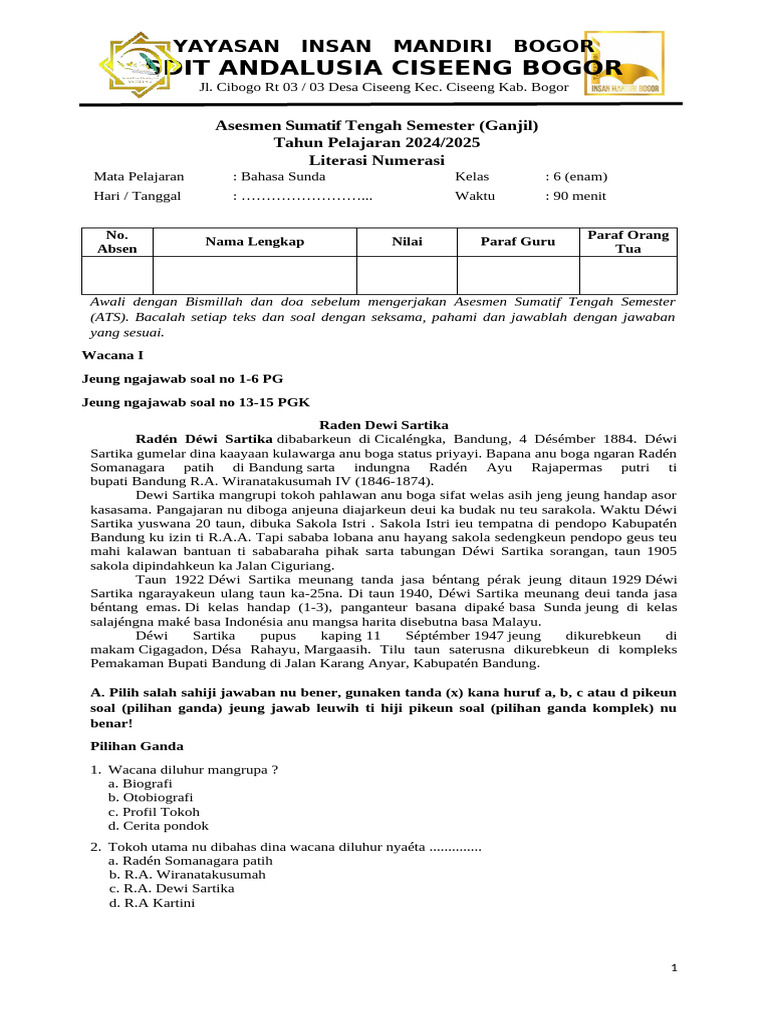 Soal Asts Bahasa Sunda Kelas 6 2024-2025 | PDF