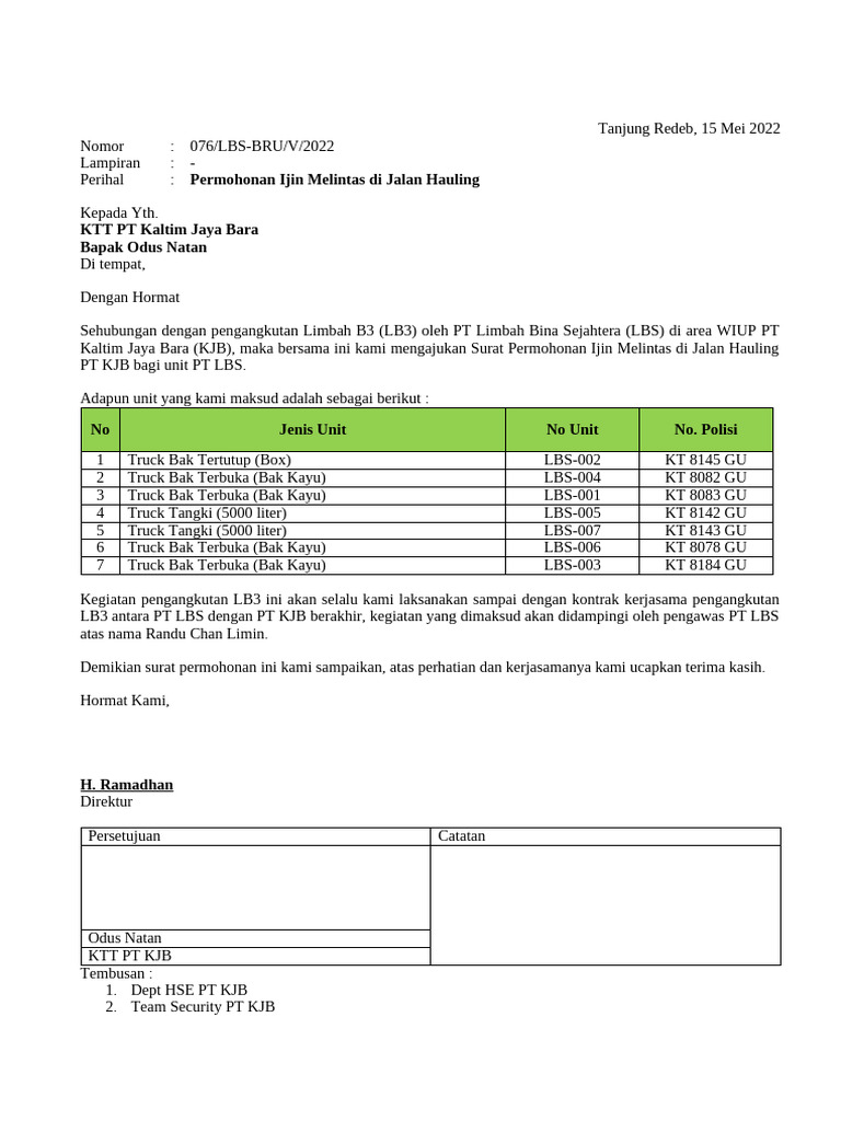 Permohonan Izin Melintas Unit LBS Di KJB | PDF