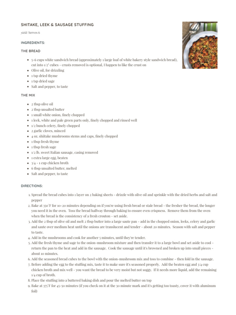 Deliciously Declassified Shiitake, Sausage & Leek Stuffing - Deliciously Declassified | PDF ...