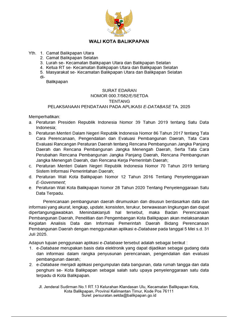 Surat Edaran e Database Bappeda 2025 | PDF