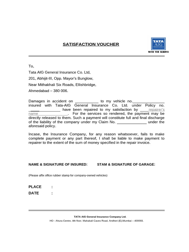 Tata AIG Satisfaction Voucher Form | PDF