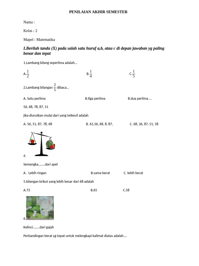 PAS MTK Kelas 2 Sem 2 | PDF