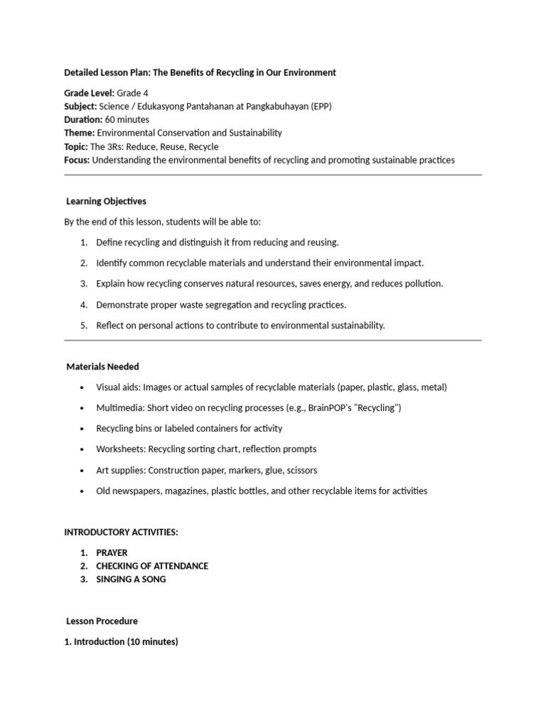 Detailed Lesson Plan-Benefits of Recycling | PDF | Recycling | Waste