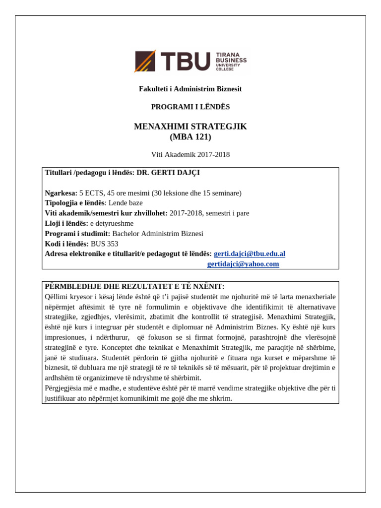 Syllabus Menaxhimi Strategjik TBU New 2018 | PDF