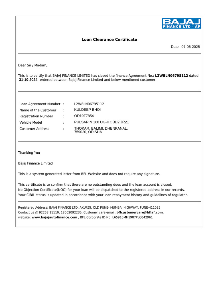 Bajaj Finance Loan Closure Certificate | PDF