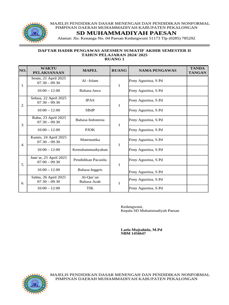 Daftar Hadir Pengawas ASAS II | PDF