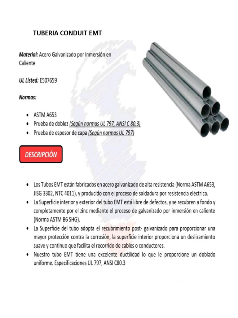 Ficha Tecnica de Tuberia Conduit Emt | PDF